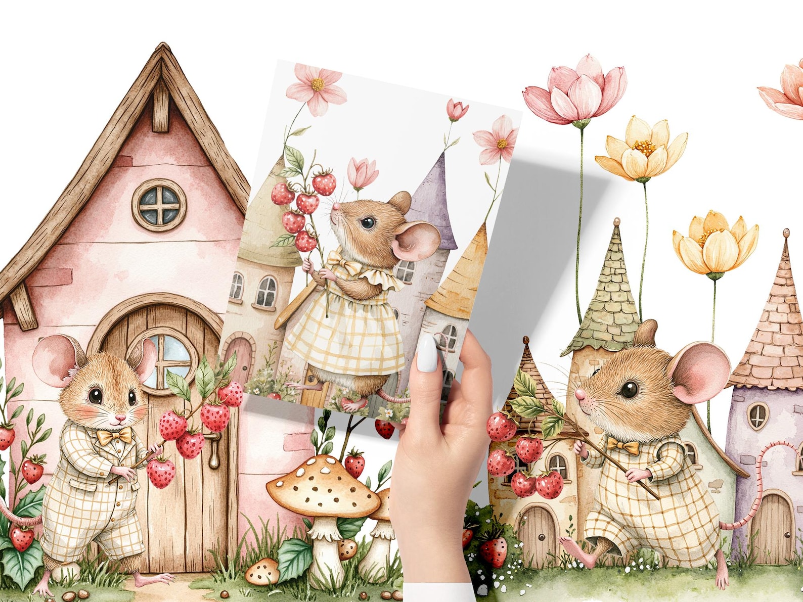 Watercolor Minnie Animals Mouse Strawberry Clipart, Garden Animals ...