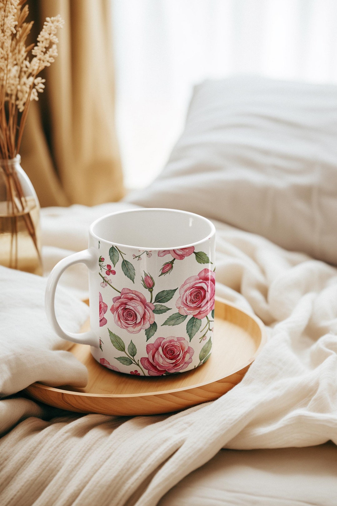 Pink Rose Pattern Ceramic Mug | Watercolor Floral Design for Plant ...
