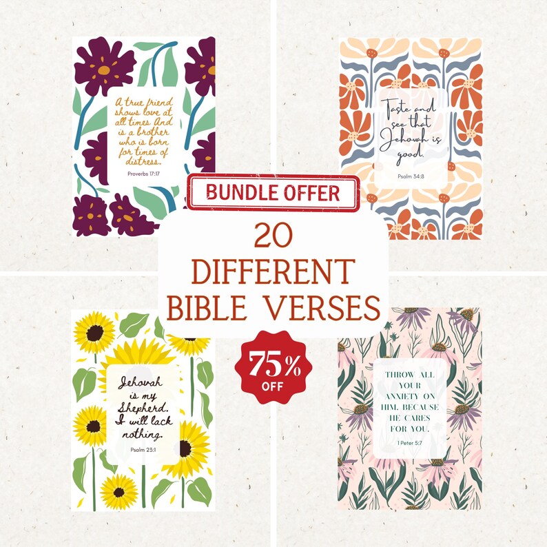 JW 20 Bible Verse Greeting Cards Bundle | Encouraging Printable Cards ...