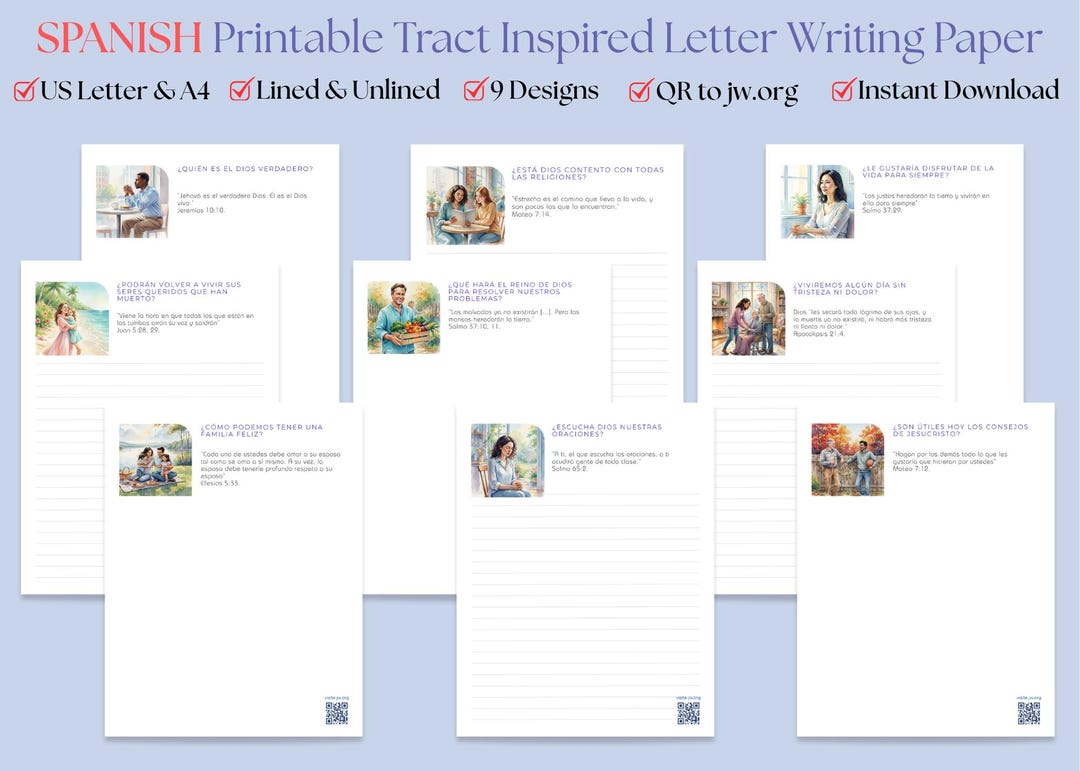 SPANISH JW Tracts Letter Writing Paper Set 9 Designs Printable ...