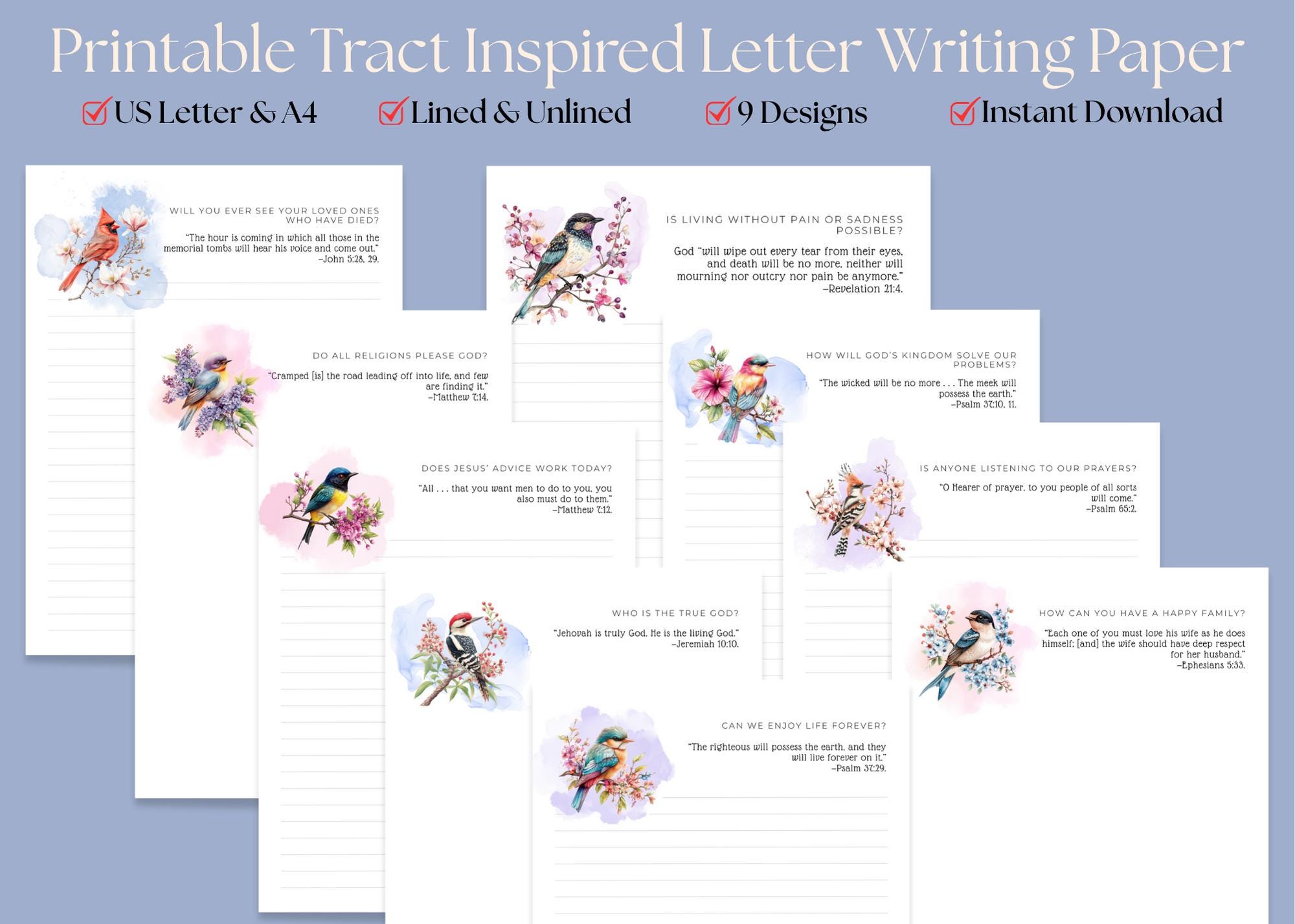 JW Tracts Letter Writing Paper Set 9 Designs Printable Stationery ...