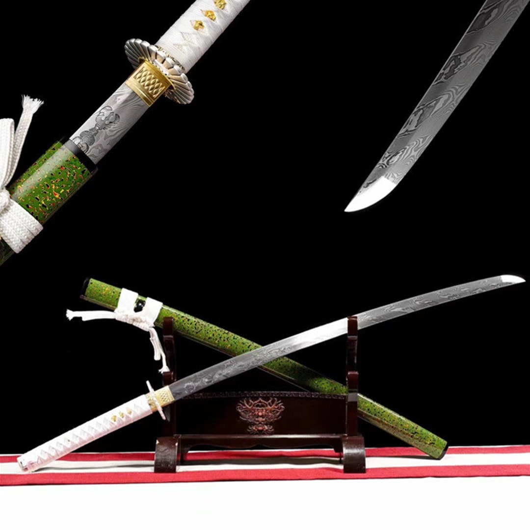 Damascus Steel Still Pattern Katana All Steel Japanese Sword Green ...