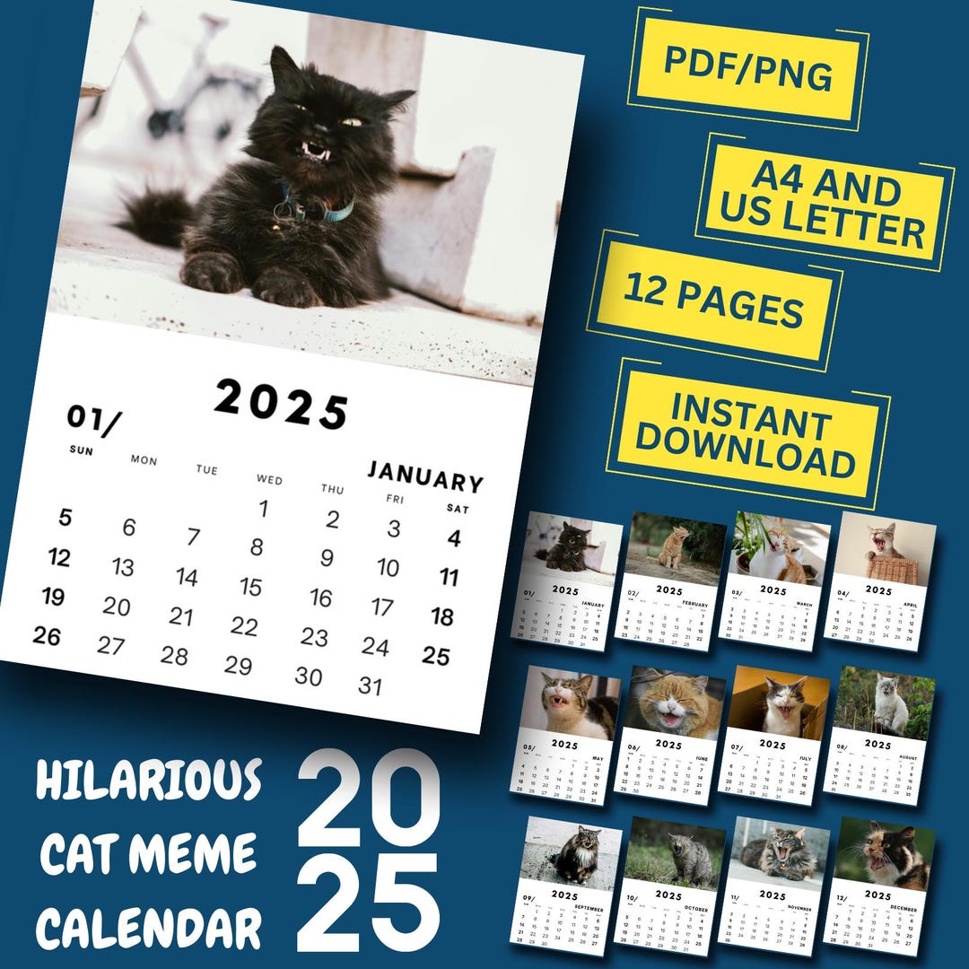 2025 Hilarious Cat Meme Calendar 12-month Printable Funny Cat Digital ...
