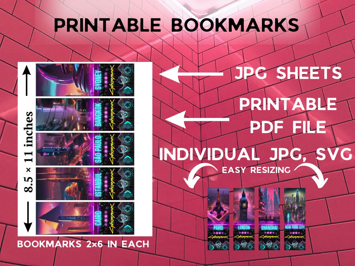 Cyberpunk Cityscape Bookmarks Collection | Set of 20 Digital Bookmarks ...