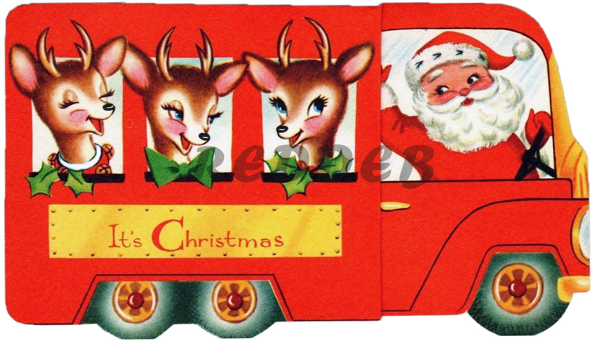 Retro Santa Bus Christmas Card Images: Vintage Clip Art (digital ...