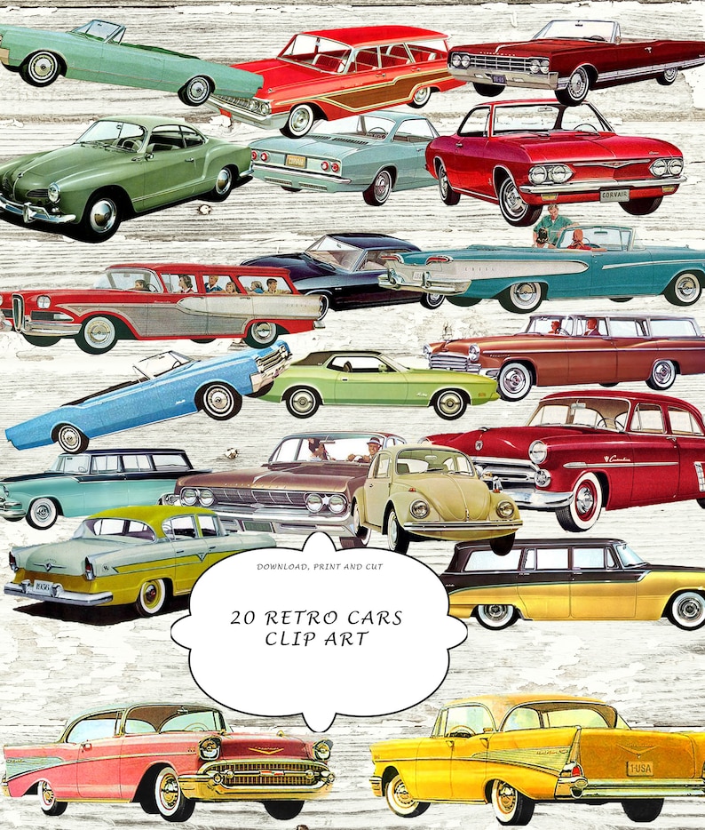 Retro Cars Clip Art: Vintage Car Printable Collage Sheets (PDF & JPEG ...