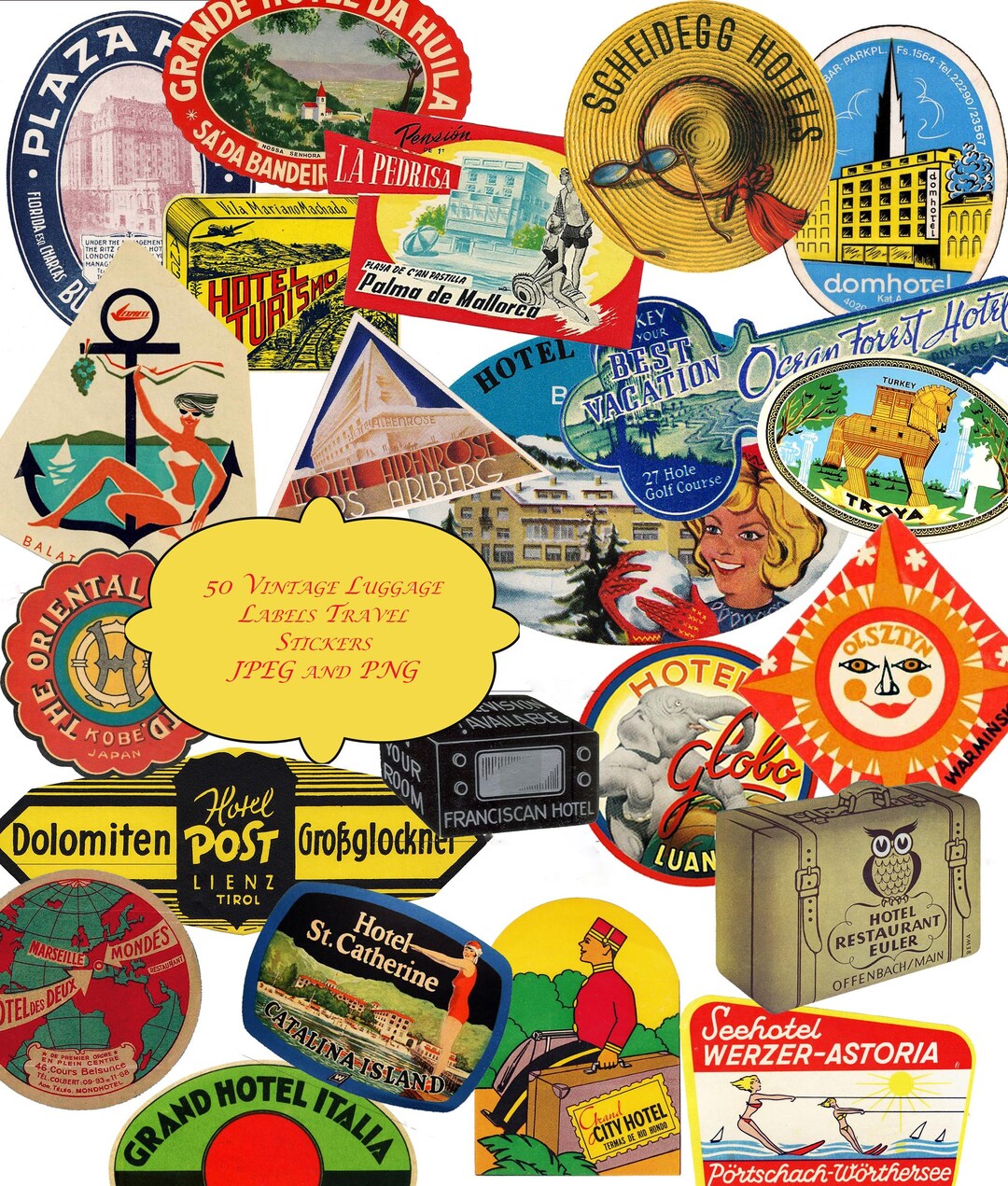 50 Vintage Hotel Luggage Labels Digital Download, PNG and JPEG Files ...