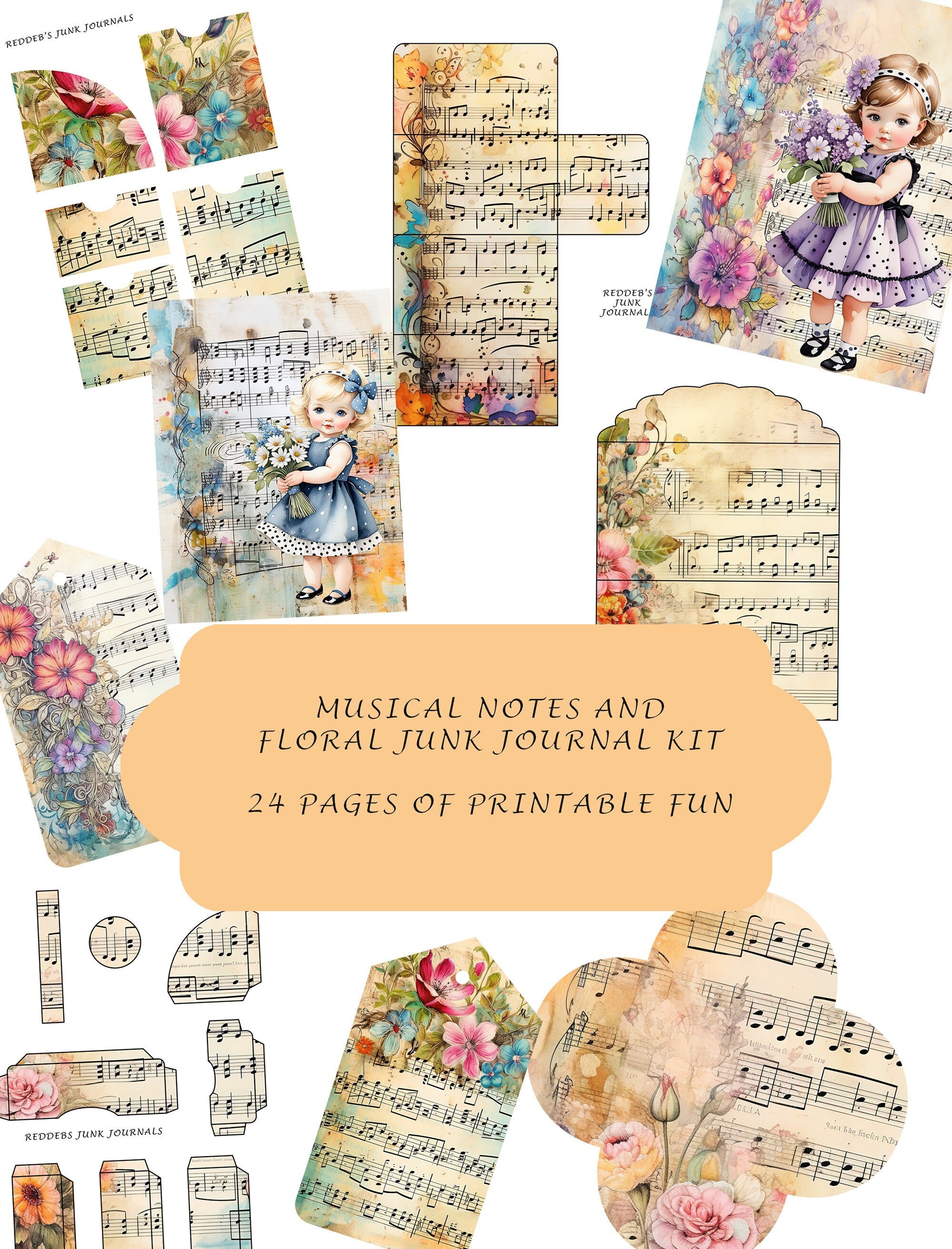 Junk Journal Kit Musical Notes and Floral Cute Clip Art Scrapbooking ...