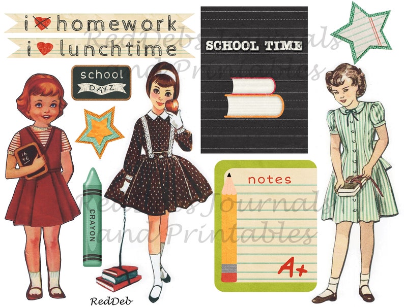 Retro Back to School Clip Art: Junk Journal Embellishments (digital ...