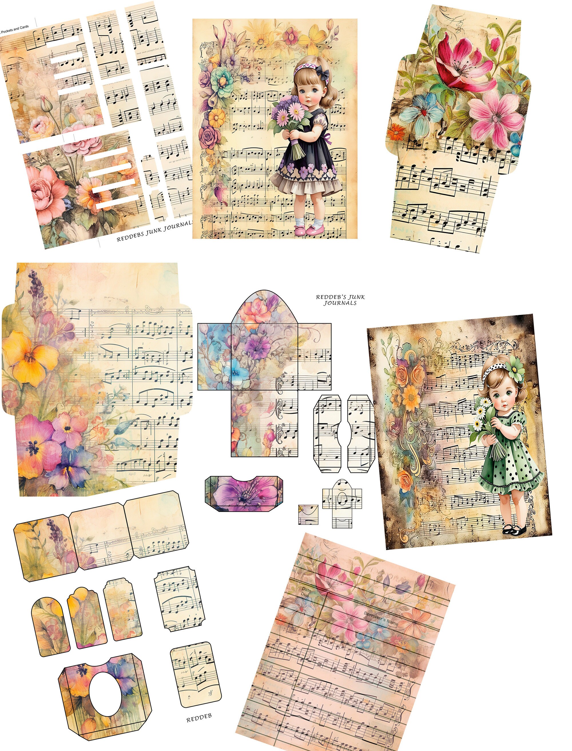 Junk Journal Kit Musical Notes and Floral Cute Clip Art Scrapbooking ...