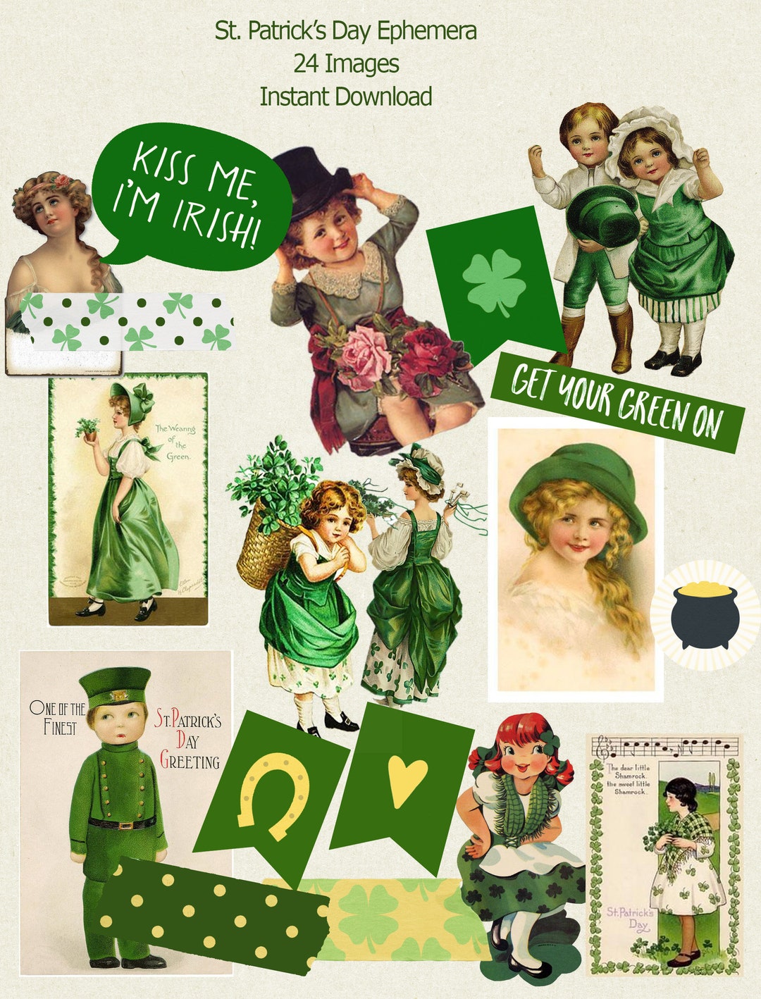 St Patricks Day Ephemera, Digital Scrapbook Clip Art, Printable Junk ...