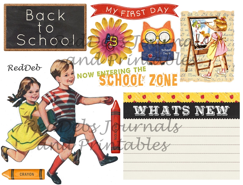 Retro Back to School Clip Art: Junk Journal Embellishments (digital ...