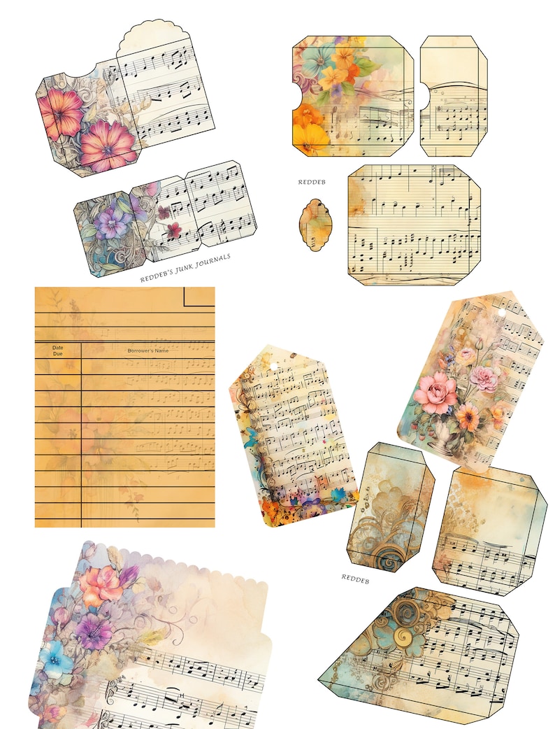 Junk Journal Kit Musical Notes and Floral Cute Clip Art Scrapbooking ...