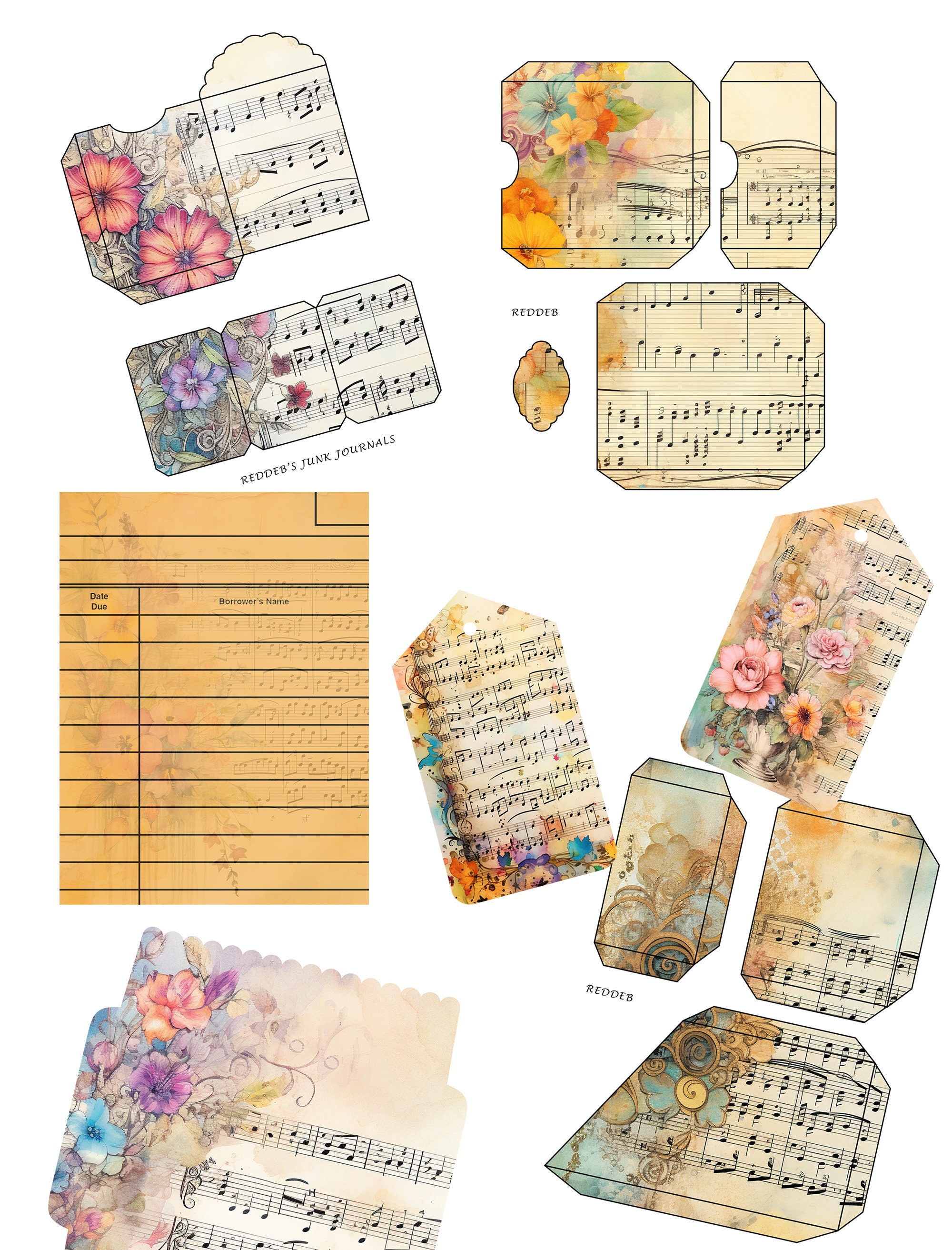 Junk Journal Kit Musical Notes and Floral Cute Clip Art Scrapbooking ...