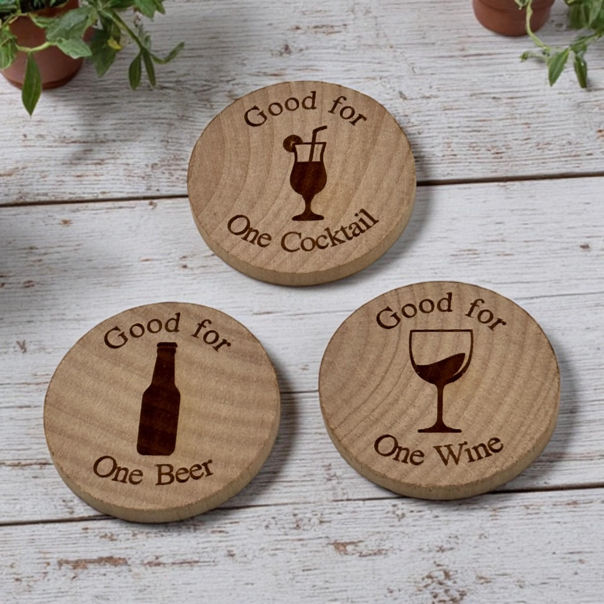 Engraved Bar Tokens – Wood Drink Tokens for Beer, Wine, or Cocktails ...