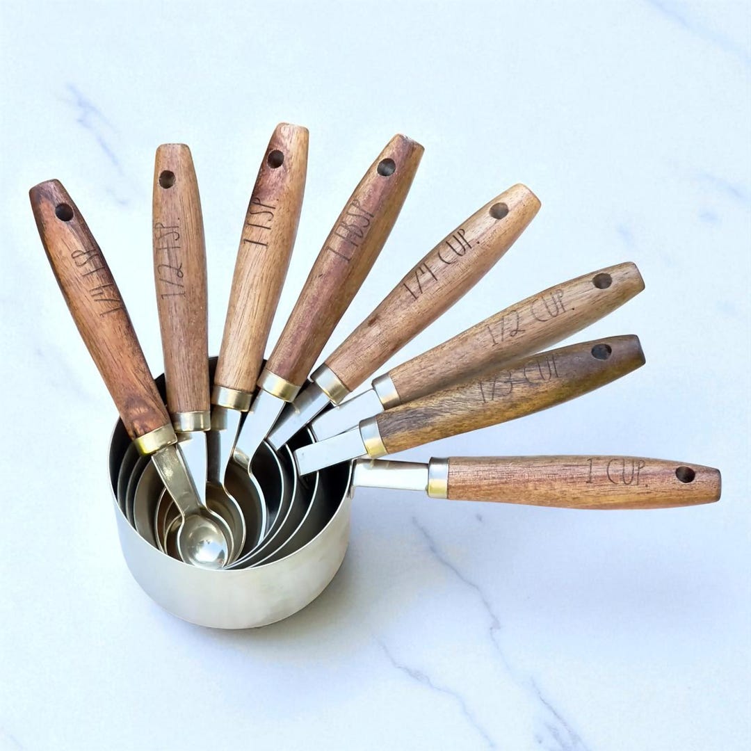 Engraved Measuring Cups & Spoons Set: Rustic Wooden Handle, Stainless ...