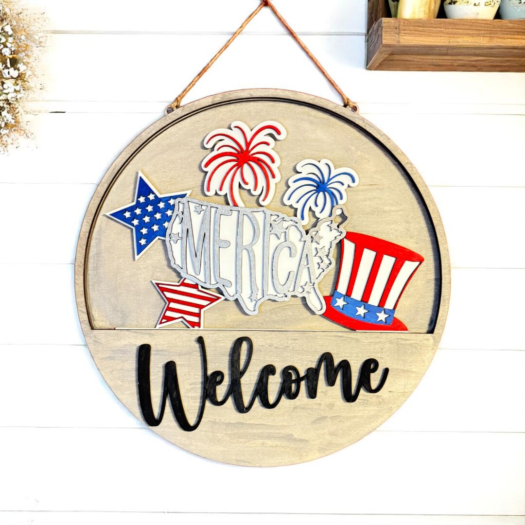 Welcome Sign With America Insert – 16 Inch Round Front Door Sign With ...