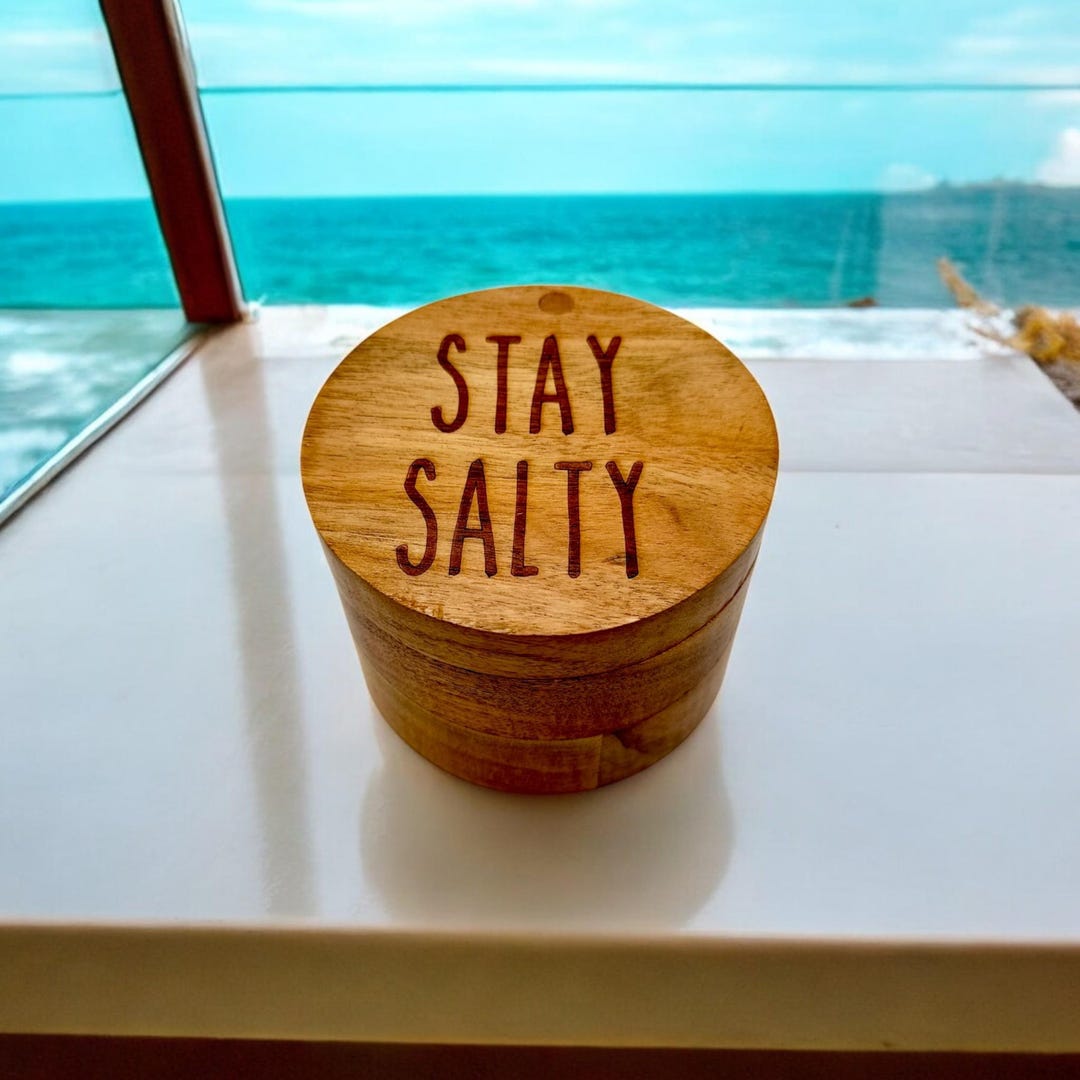 Salt Cellar, Engraved Wood With Magnetic Swivel Lid, 'stay Salty ...