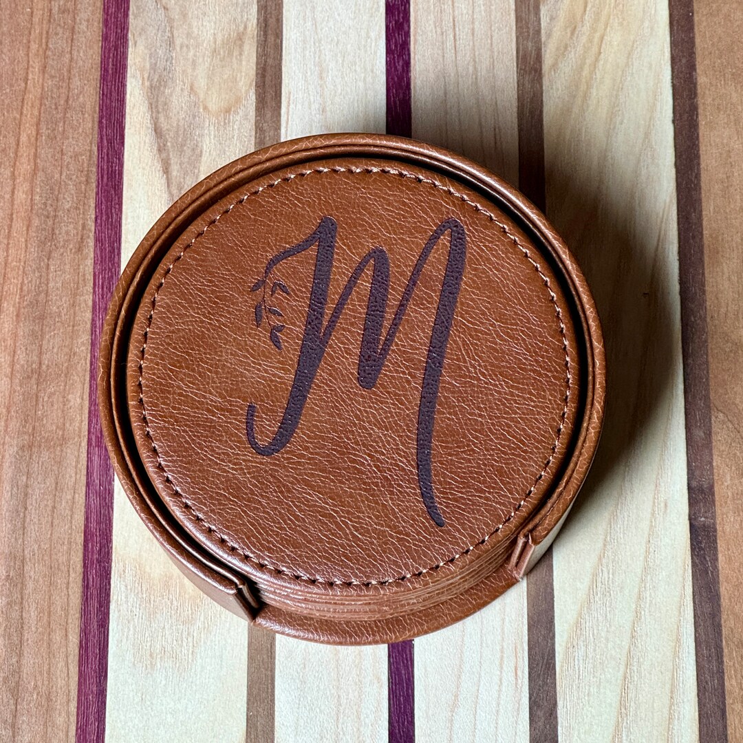 Personalized Leather Coasters Set in Holder - Housewarming Gift ...