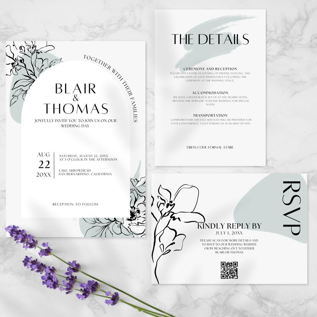 Floral Blue Wedding Invitation Dusty Blue Wedding Invitation Suite Hand ...