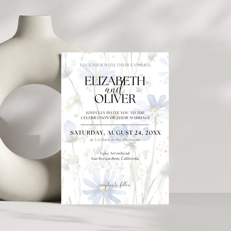 Floral Dusty Blue Wedding Invitation Set Template, Details Card, Blue ...