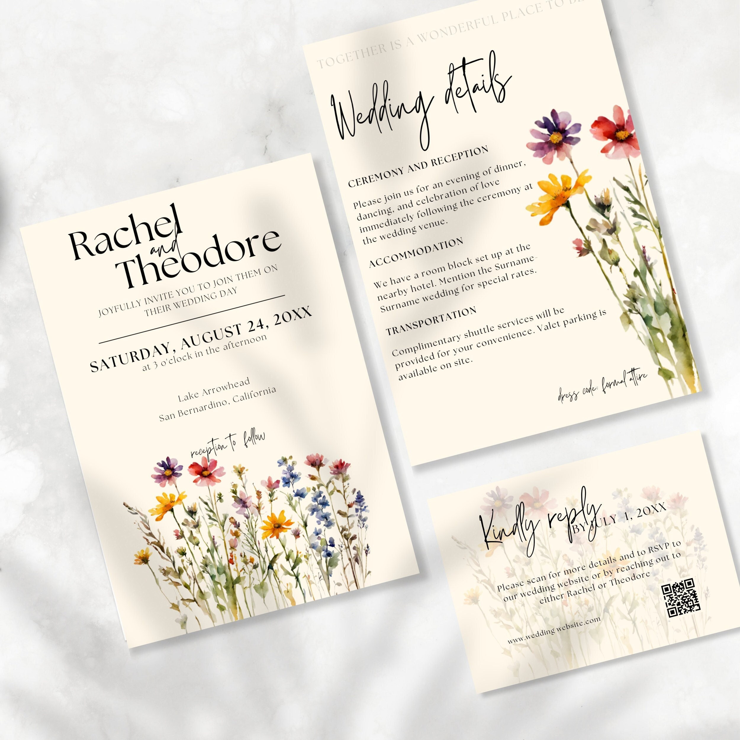 Summer Wildflower Wedding Invitation Set, Details Card, Whimsical ...