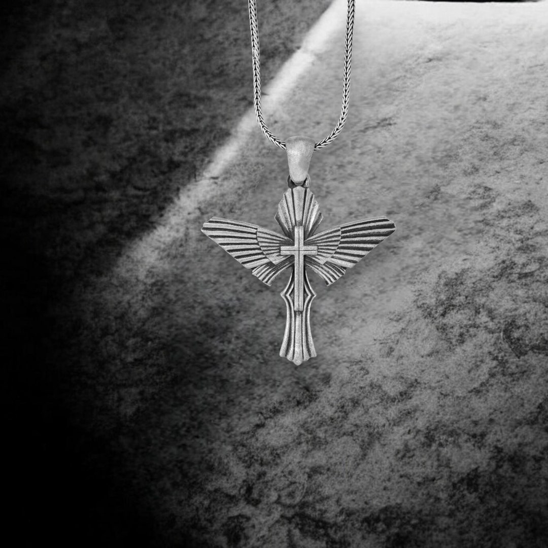 Sterling Silver Angel Wing Cross Pendant Necklace, Religious Gift - Etsy