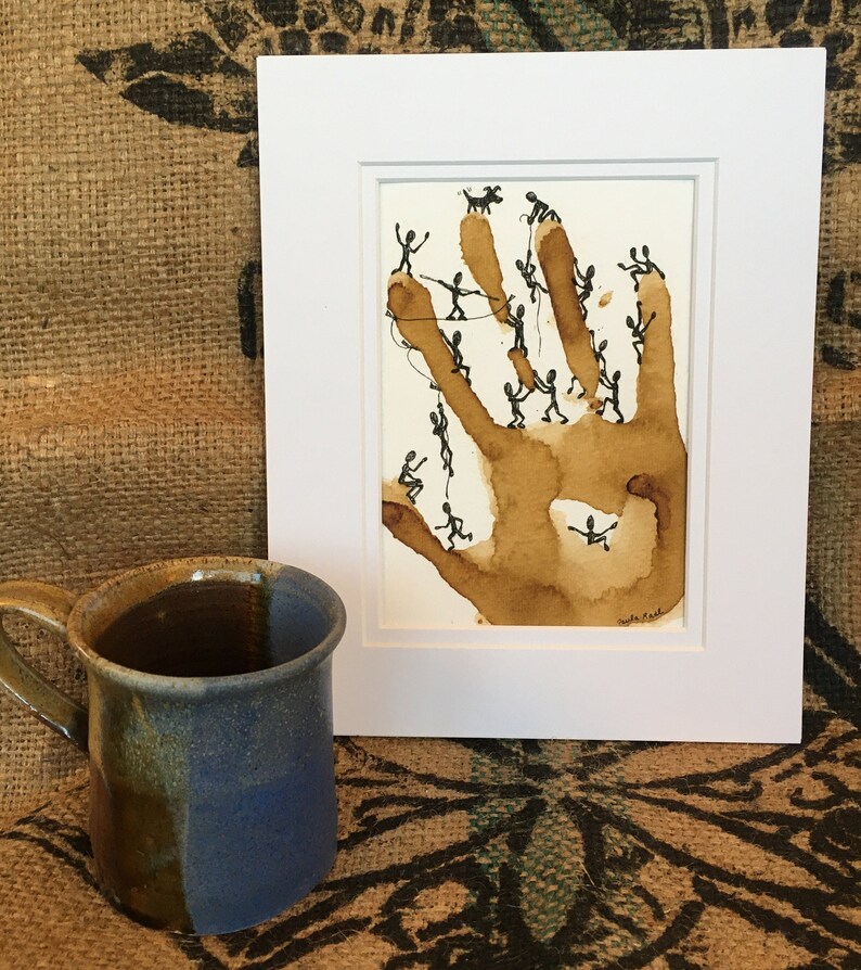 COFFEE Handprint Painting, Adorable Dog & People Illustration, Original ...