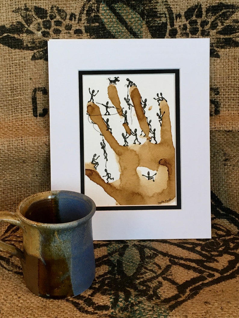 COFFEE Handprint Painting, Adorable Dog & People Illustration, Original ...