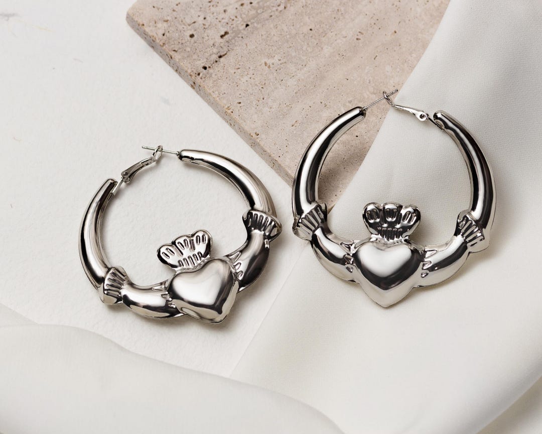 Chunky Silver Claddagh Ring Hoop Drop Earrings for Women – Heart, Hands ...