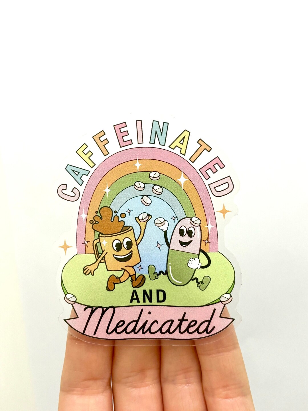 Caffeinated and Medicated Sticker: Retro Groovy Mental Health Decal - Etsy
