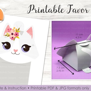 Printable PDF Favor Box Girl Cat With Flowers, Party Printable, PDF ...