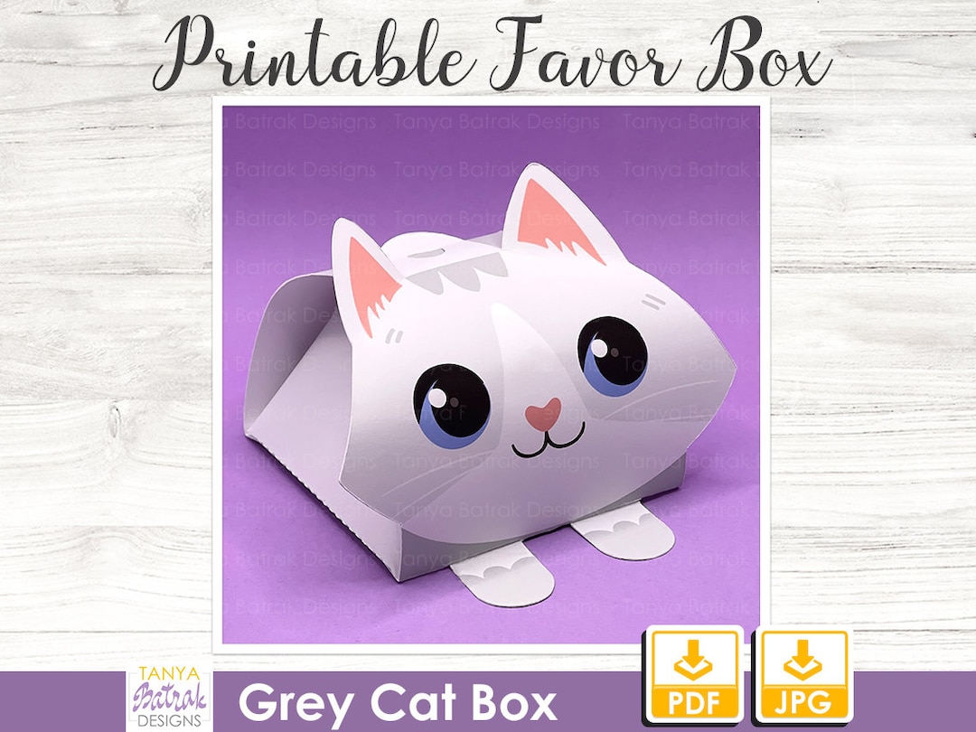 Printable PDF Favor Box Grey Cat, Party Printable, PDF Gift Box - Etsy