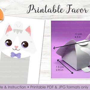 Printable PDF Favor Box Grey Cat With Bow Tie, Party Printable, PDF ...