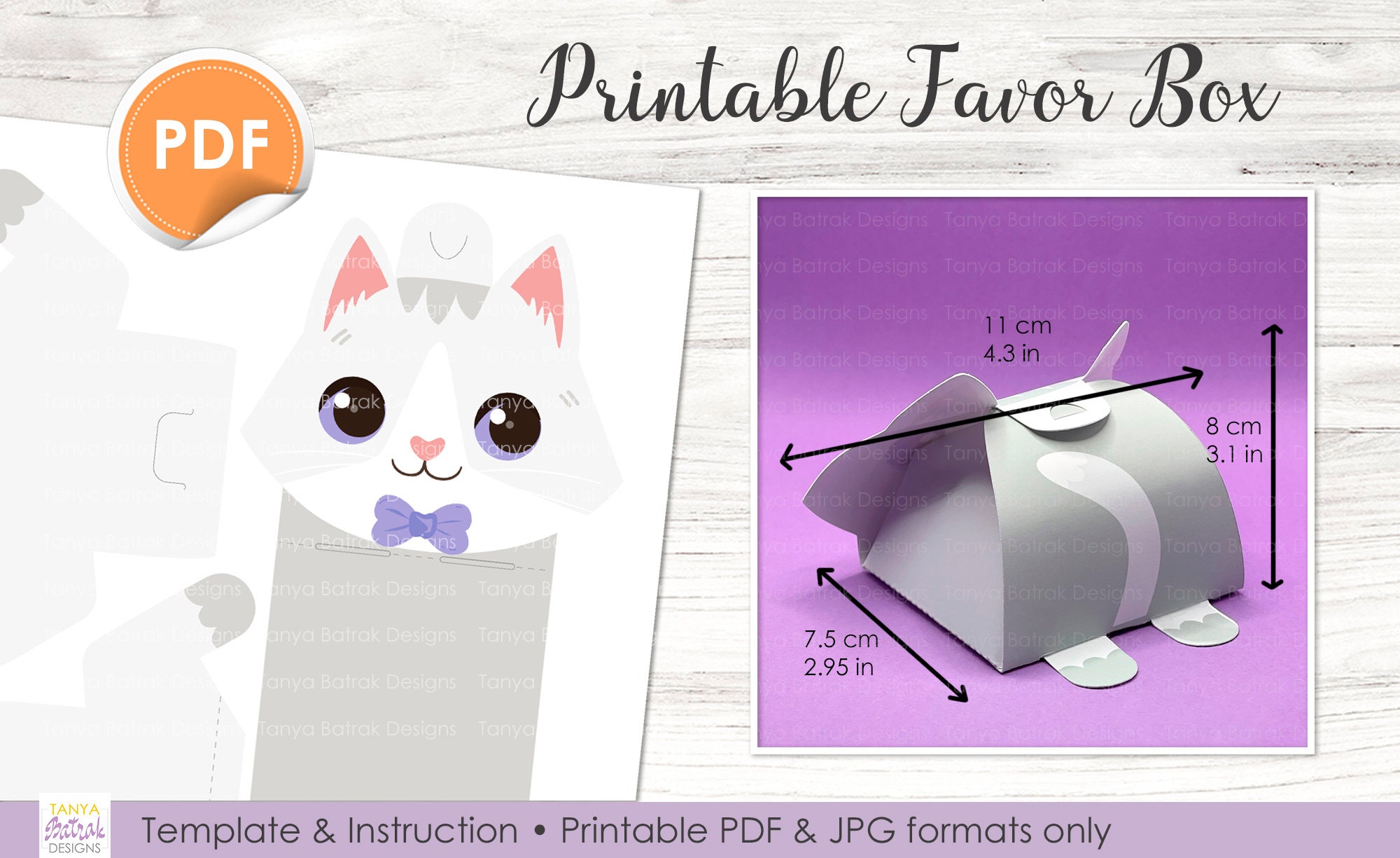 Printable PDF Favor Box Grey Cat With Bow Tie, Party Printable, PDF ...