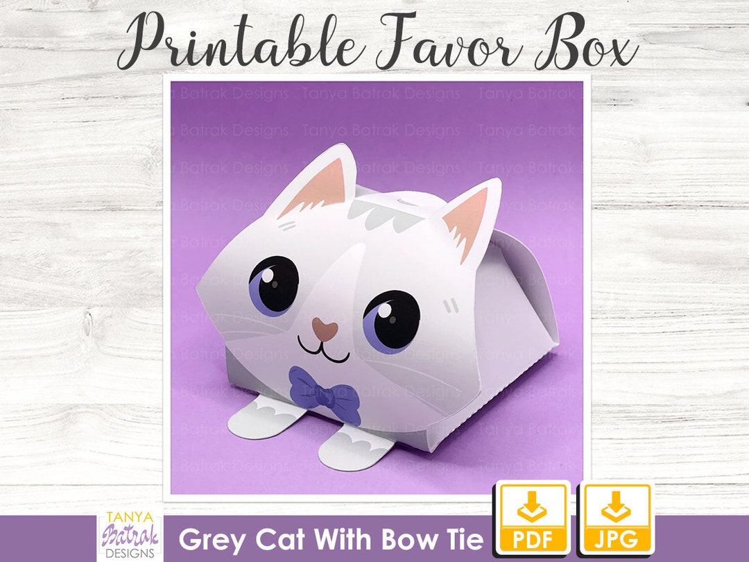 Printable PDF Favor Box Grey Cat With Bow Tie, Party Printable, PDF ...