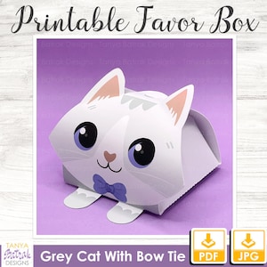 Printable PDF Favor Box Grey Cat With Bow Tie, Party Printable, PDF ...