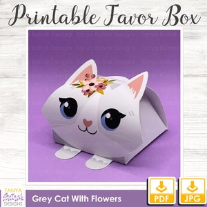 Printable PDF Favor Box Girl Cat With Flowers, Party Printable, PDF ...