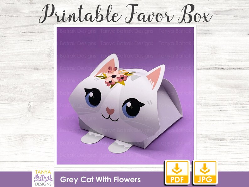 Printable PDF Favor Box Girl Cat With Flowers, Party Printable, PDF ...