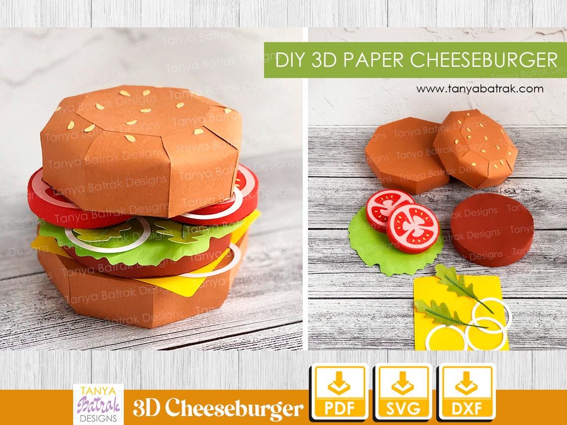 3D Paper Cheeseburger SVG, Printable PDF, Paper Crafts, 3D Paper Craft ...