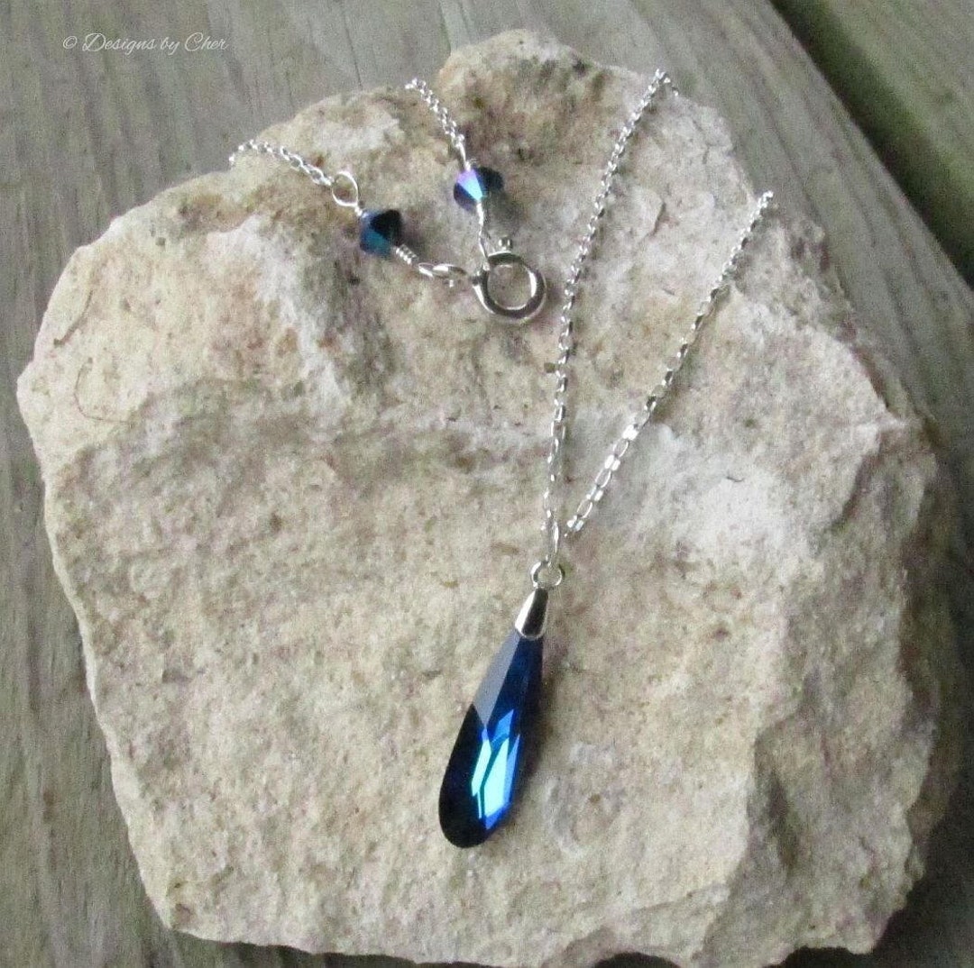 Crystal Raindrop Pendant on Sterling Silver Rolo Necklace... - Etsy