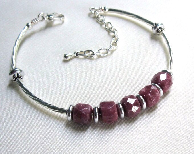 Purple Rhodonite Bangle Bracelet, Silver Spiral Noodles, Adjustable ...