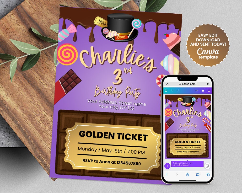 Golden Ticket Inspired Charlie Factory Birthday Invitation | Editable ...