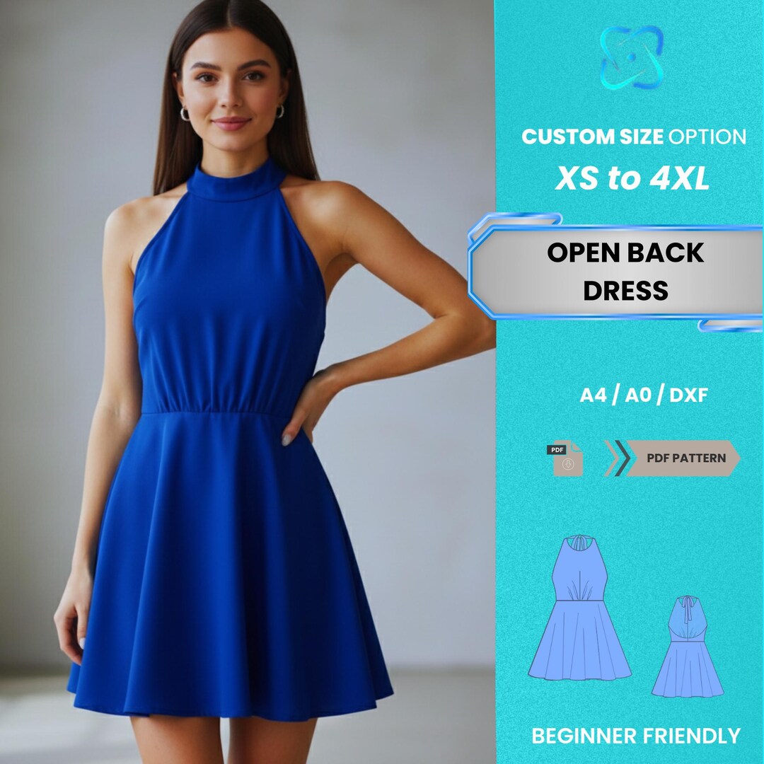Women's Open Back Dress PDF Sewing Pattern | Elegant Halter Neck Mini ...