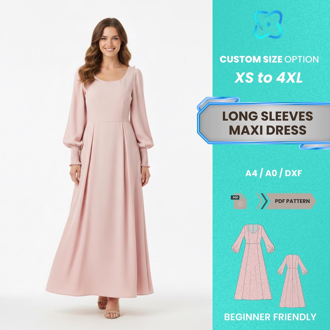 Long Sleeves Maxi Dress PDF Pattern | Women's Elegant Bishop Sleeve ...