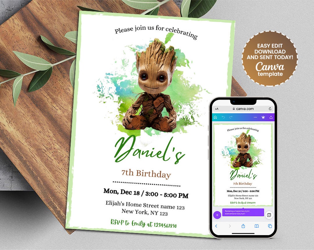 Editable Groot Birthday Invitation Printable Groot Invite Digital I Am ...