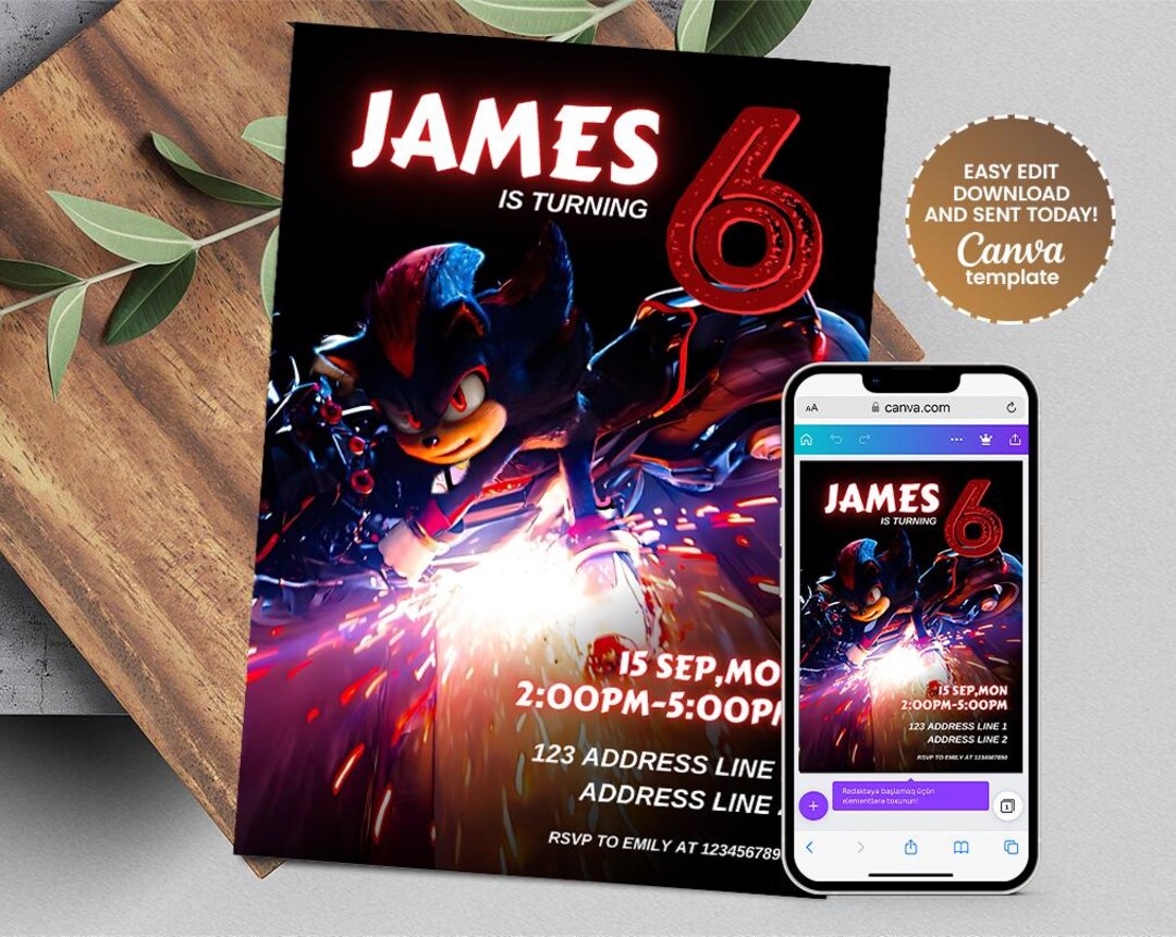 Shadow the Hedgehog Birthday Invitation: Editable Sonic Party Template ...