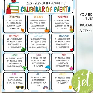 Editable PTO PTA Monthly Events Template, Pto/pta Parent Volunteer Newsletter Calendar Seasonal ...