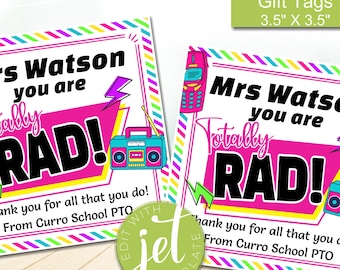 Editable 80s 90s Theme Gift Tags, Teacher Staff Appreciation, Digital ...