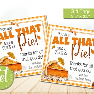 Editable Thanksgiving Gift Tags, Grateful for You Pumpkin Pie Label ...